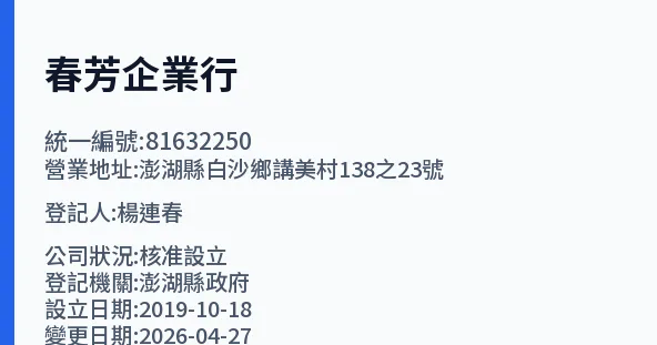 春芳企業行的照片-統編 81632250(澎湖縣) 公司登記資料與營業項目詳細圖表