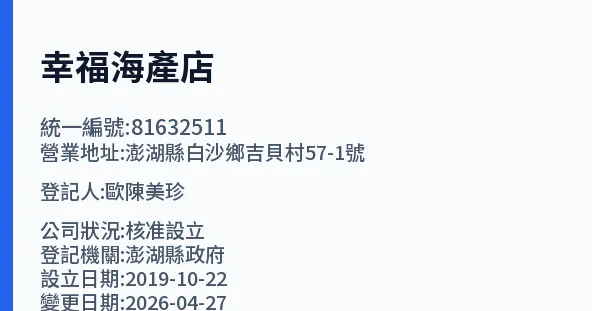 幸福海產店的照片-統編 81632511(澎湖縣) 公司登記資料與營業項目詳細圖表