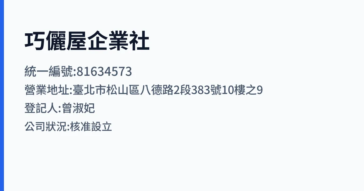 巧儷屋企業社 - 統編 81634573(臺北市) 公司登記資料與營業項目詳細圖表