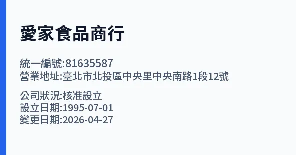 愛家食品商行的照片-統編 81635587(臺北市) 公司登記資料與營業項目詳細圖表