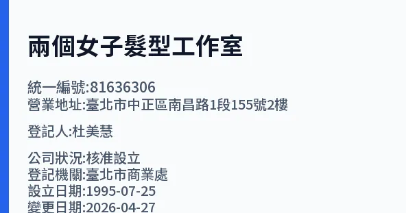 兩個女子髮型工作室的照片-統編 81636306(臺北市) 公司登記資料與營業項目詳細圖表