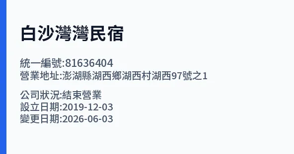 白沙灣灣民宿的照片-統編 81636404(澎湖縣) 公司登記資料與營業項目詳細圖表
