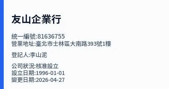 友山企業行的照片-統編 81636755(臺北市) 公司登記資料與營業項目詳細圖表