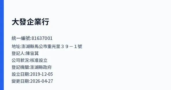 大發企業行的照片-統編 81637001(澎湖縣) 公司登記資料與營業項目詳細圖表