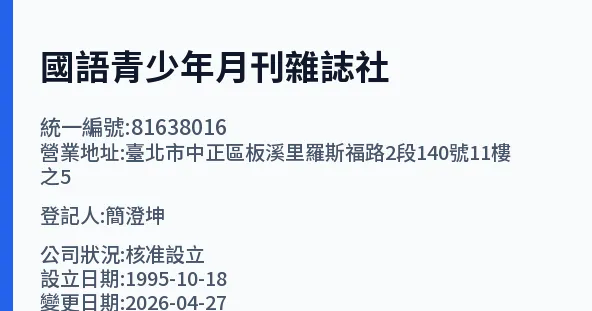 國語青少年月刊雜誌社的照片-統編 81638016(臺北市) 公司登記資料與營業項目詳細圖表