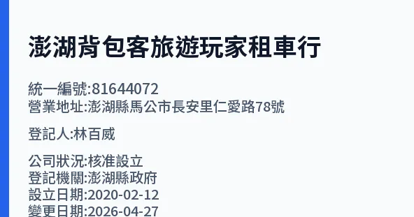 澎湖背包客旅遊玩家租車行的照片-統編 81644072(澎湖縣) 公司登記資料與營業項目詳細圖表