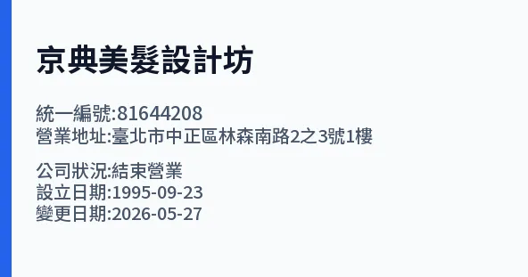 京典美髮設計坊的照片-統編 81644208(臺北市) 公司登記資料與營業項目詳細圖表