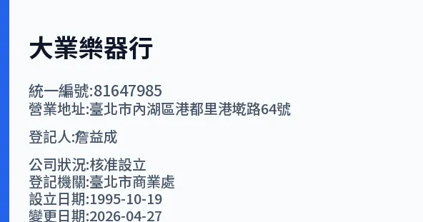 大業樂器行的照片-統編 81647985(臺北市) 公司登記資料與營業項目詳細圖表