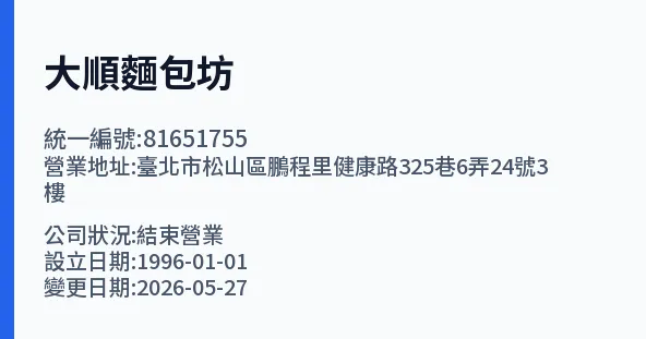 大順麵包坊的照片-統編 81651755(臺北市) 公司登記資料與營業項目詳細圖表