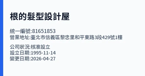 根的髮型設計屋的照片-統編 81651853(臺北市) 公司登記資料與營業項目詳細圖表