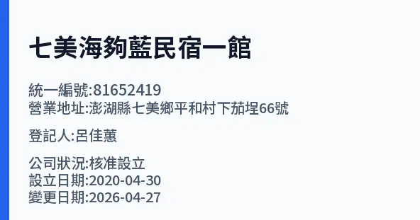 七美海夠藍民宿一館的照片-統編 81652419(澎湖縣) 公司登記資料與營業項目詳細圖表