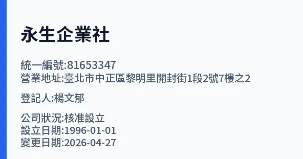 永生企業社的照片-統編 81653347(臺北市) 公司登記資料與營業項目詳細圖表