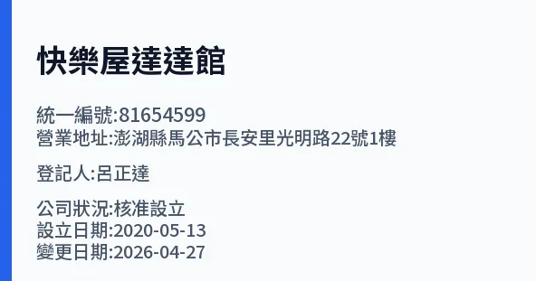 快樂屋達達館的照片-統編 81654599(澎湖縣) 公司登記資料與營業項目詳細圖表
