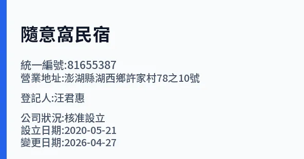 隨意窩民宿的照片-統編 81655387(澎湖縣) 公司登記資料與營業項目詳細圖表