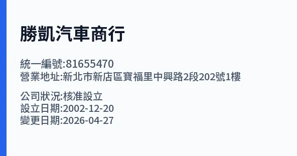 勝凱汽車商行的照片-統編 81655470(新北市) 公司登記資料與營業項目詳細圖表