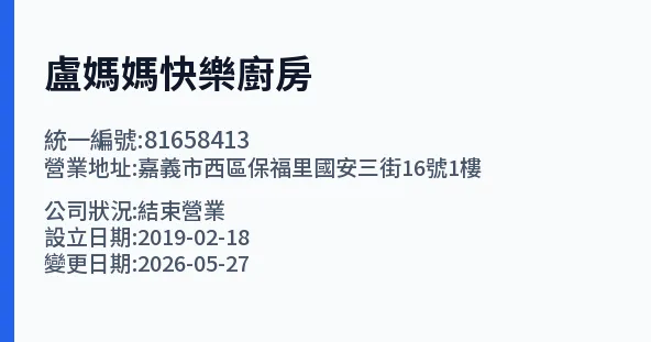 盧媽媽快樂廚房的照片-統編 81658413(嘉義市) 公司登記資料與營業項目詳細圖表