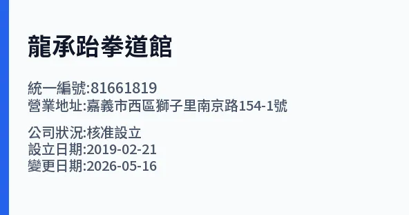 龍承跆拳道館的照片-統編 81661819(嘉義市) 公司登記資料與營業項目詳細圖表