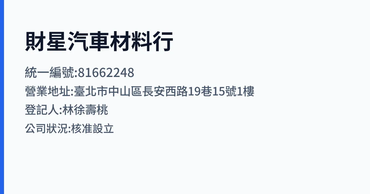 財星汽車材料行 - 統編 81662248(臺北市) 公司登記資料與營業項目詳細圖表