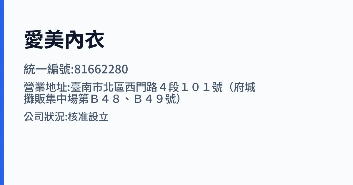 愛美內衣 - 統編 81662280(臺南市) 公司登記資料與營業項目詳細圖表