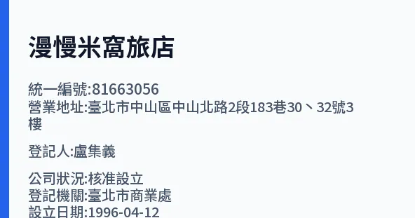 漫慢米窩旅店的照片-統編 81663056(臺北市) 公司登記資料與營業項目詳細圖表