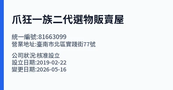 爪狂一族二代選物販賣屋的照片-統編 81663099(臺南市) 公司登記資料與營業項目詳細圖表