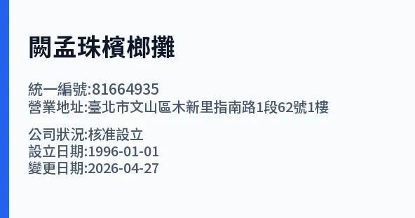 闕孟珠檳榔攤的照片-統編 81664935(臺北市) 公司登記資料與營業項目詳細圖表