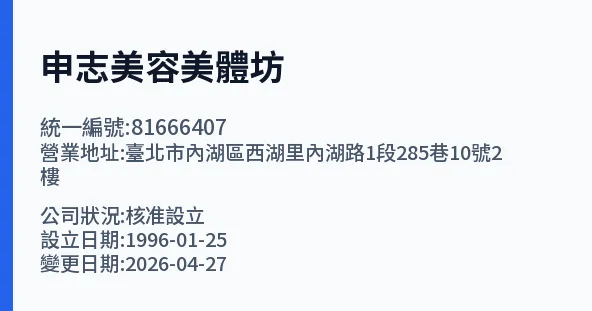 申志美容美體坊的照片-統編 81666407(臺北市) 公司登記資料與營業項目詳細圖表