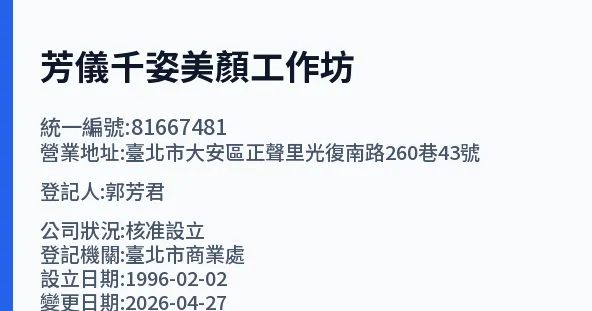 芳儀千姿美顏工作坊的照片-統編 81667481(臺北市) 公司登記資料與營業項目詳細圖表