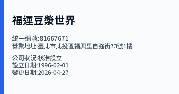 福運豆漿世界的照片-統編 81667671(臺北市) 公司登記資料與營業項目詳細圖表