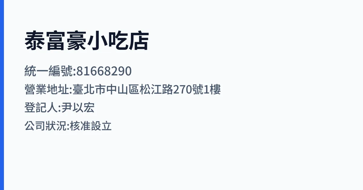 泰富豪小吃店 - 統編 81668290(臺北市) 公司登記資料與營業項目詳細圖表