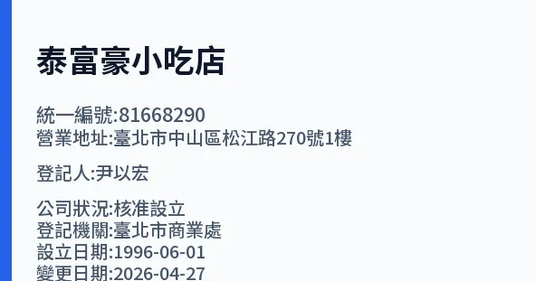 泰富豪小吃店的照片-統編 81668290(臺北市) 公司登記資料與營業項目詳細圖表