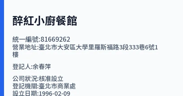 醉紅小廚餐館的照片-統編 81669262(臺北市) 公司登記資料與營業項目詳細圖表