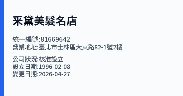 釆黛美髮名店的照片-統編 81669642(臺北市) 公司登記資料與營業項目詳細圖表