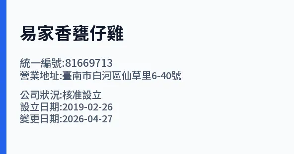 易家香甕仔雞的照片-統編 81669713(臺南市) 公司登記資料與營業項目詳細圖表