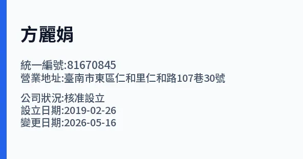 方麗娟的照片-統編 81670845(臺南市) 公司登記資料與營業項目詳細圖表