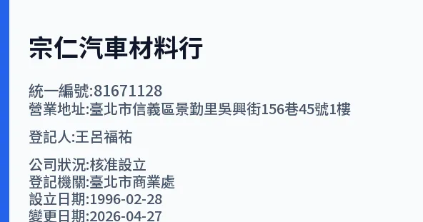 宗仁汽車材料行的照片-統編 81671128(臺北市) 公司登記資料與營業項目詳細圖表