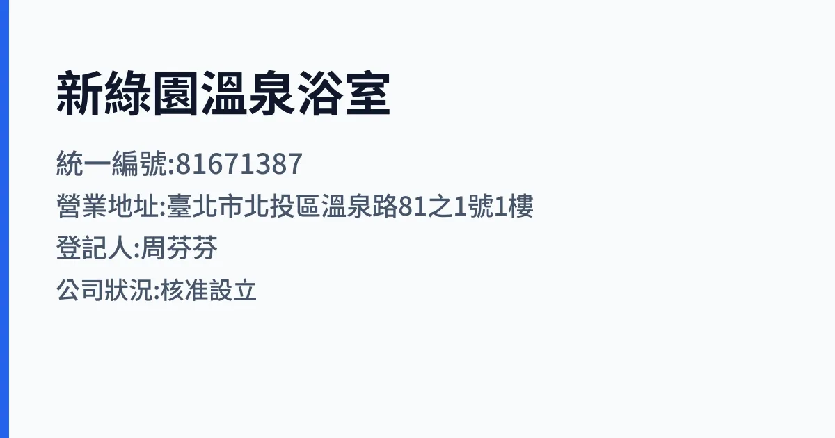 新綠園溫泉浴室 - 統編 81671387(臺北市) 公司登記資料與營業項目詳細圖表