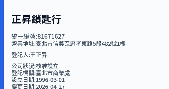 正昇鎖匙行的照片-統編 81671627(臺北市) 公司登記資料與營業項目詳細圖表