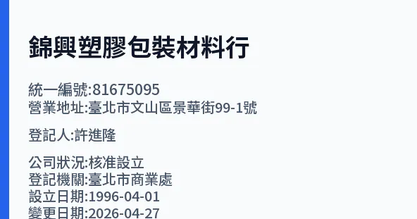 錦興塑膠包裝材料行的照片-統編 81675095(臺北市) 公司登記資料與營業項目詳細圖表