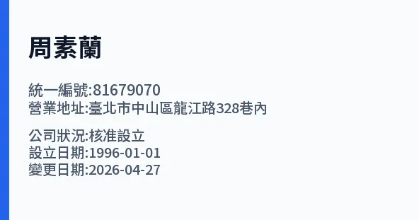 周素蘭的照片-統編 81679070(臺北市) 公司登記資料與營業項目詳細圖表