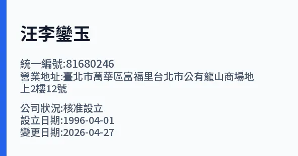 汪李鑾玉的照片-統編 81680246(臺北市) 公司登記資料與營業項目詳細圖表