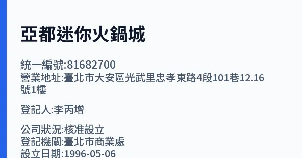 亞都迷你火鍋城的照片-統編 81682700(臺北市) 公司登記資料與營業項目詳細圖表