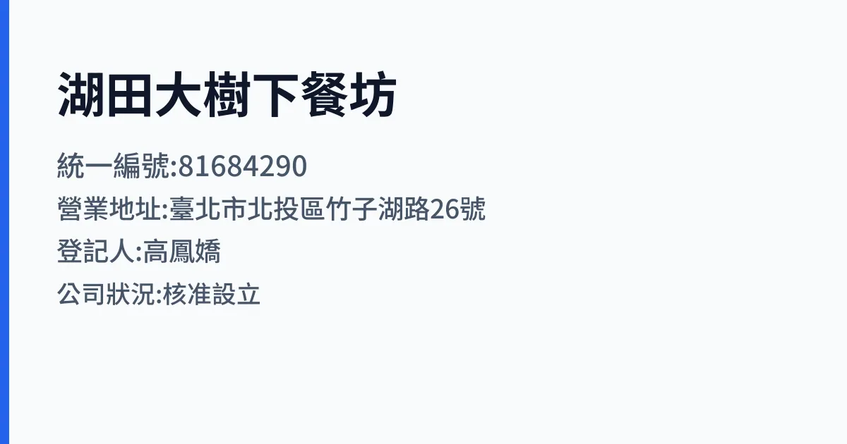 湖田大樹下餐坊 - 統編 81684290(臺北市) 公司登記資料與營業項目詳細圖表
