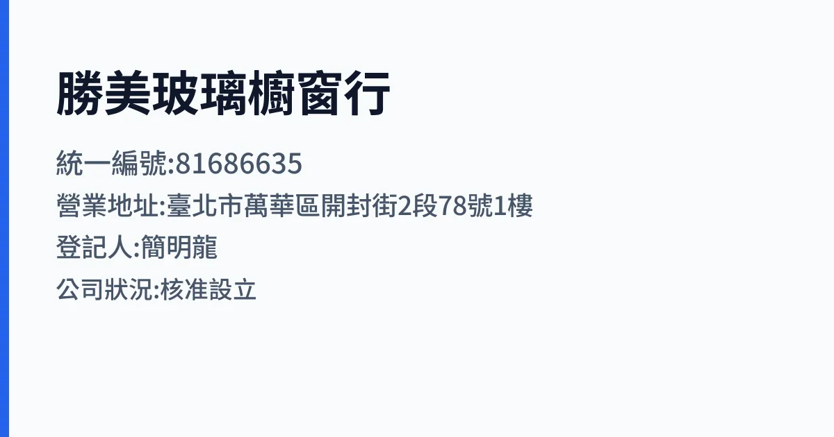 勝美玻璃櫥窗行 - 統編 81686635(臺北市) 公司登記資料與營業項目詳細圖表