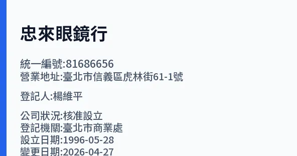 忠來眼鏡行的照片-統編 81686656(臺北市) 公司登記資料與營業項目詳細圖表