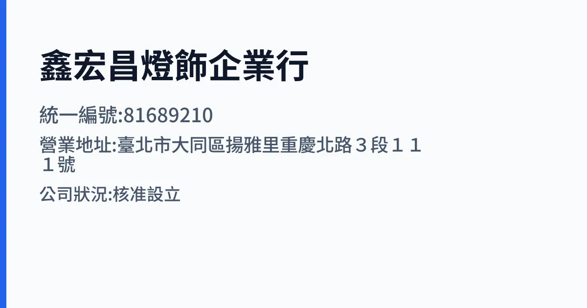 鑫宏昌燈飾企業行 - 統編 81689210(臺北市) 公司登記資料與營業項目詳細圖表