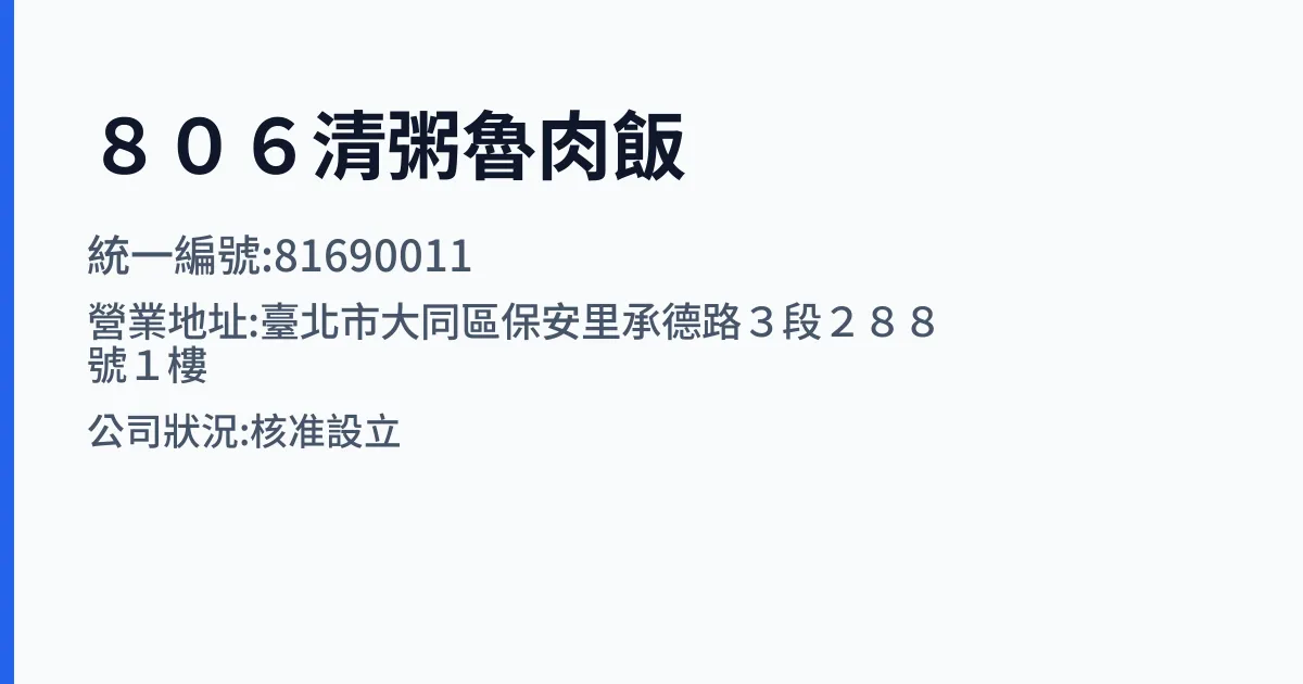 ８０６清粥魯肉飯 - 統編 81690011(臺北市) 公司登記資料與營業項目詳細圖表