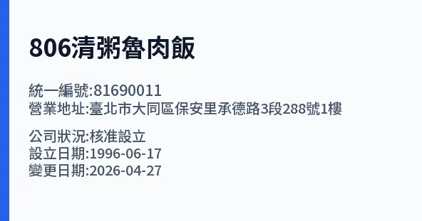 806清粥魯肉飯的照片-統編 81690011(臺北市) 公司登記資料與營業項目詳細圖表