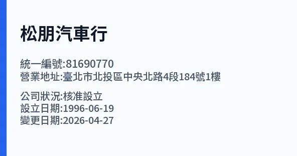 松朋汽車行的照片-統編 81690770(臺北市) 公司登記資料與營業項目詳細圖表