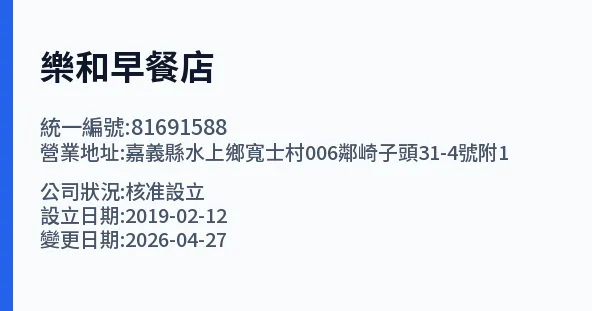樂和早餐店的照片-統編 81691588(嘉義縣) 公司登記資料與營業項目詳細圖表
